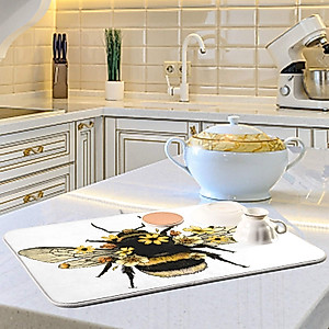Aflyko Bee Flower Cute Dish Drying Mat Countertop Protector Kitchen Decor 16" × 18"