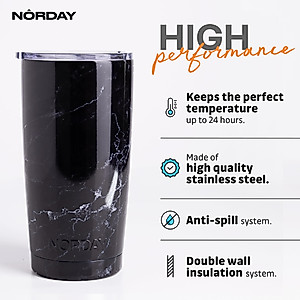 NORDAY | Tumbler Cup with Lid - 20oz - Black Marble | Vacuum Insulated Tumbler - Travel Tumbler - Stainless Steel Tumblers - Double Wall Coffee Tumbler - Keeps Temperature up to 24hr - Anti Spill Lids