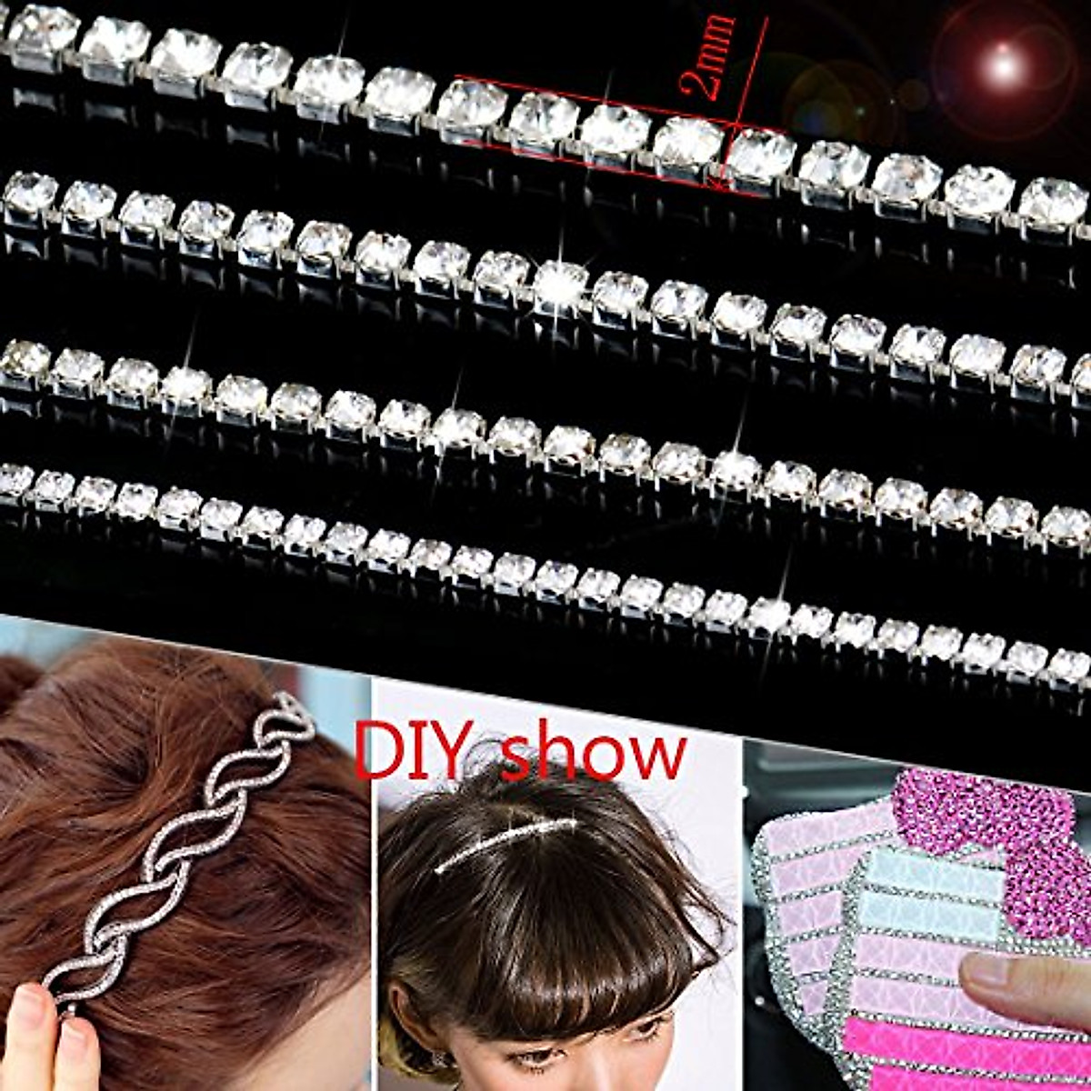 yueton 11 Yards 2MM Crystal Rhinestone Close Chain Trimming Claw Chain Jewelry Crafts DIY (Silver)