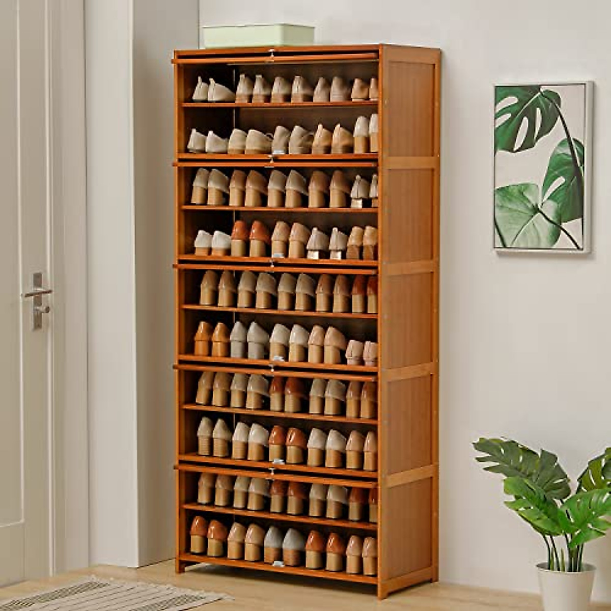 MoNiBloom Large Shoe Storage Cabinet with Doors, 10 Tier Bamboo Free Standing Shoes Shelf Organizer Stand for More Than 40 Pairs for Entryway, Hallway, Brown