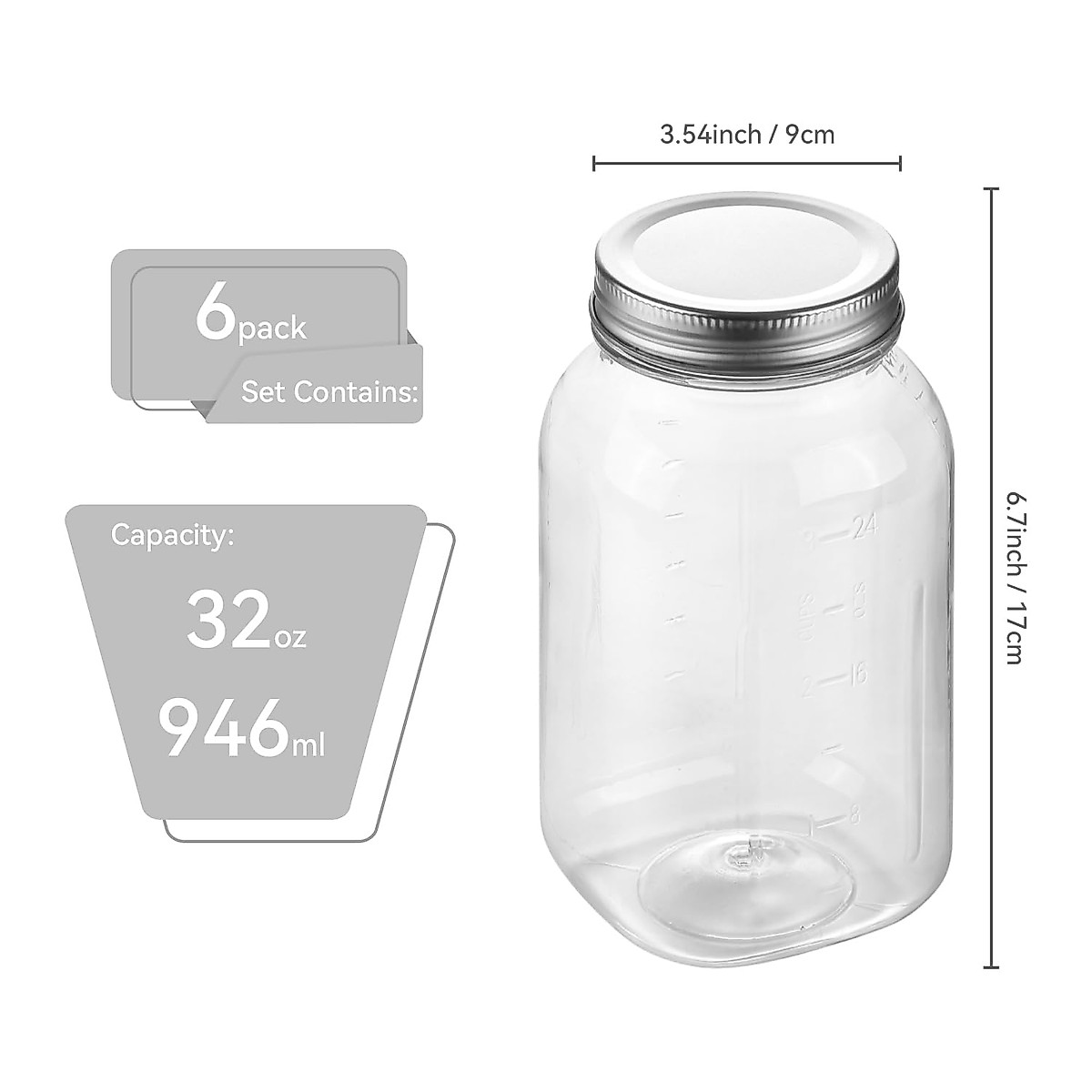 Party Club of America 6 Pack 32OZ Sliver Plastic Jars With Screw On Lids，Plastic Mason Jars Food Storage Container For Storing Dry Food, Candy, Cream,Peanut, Butter