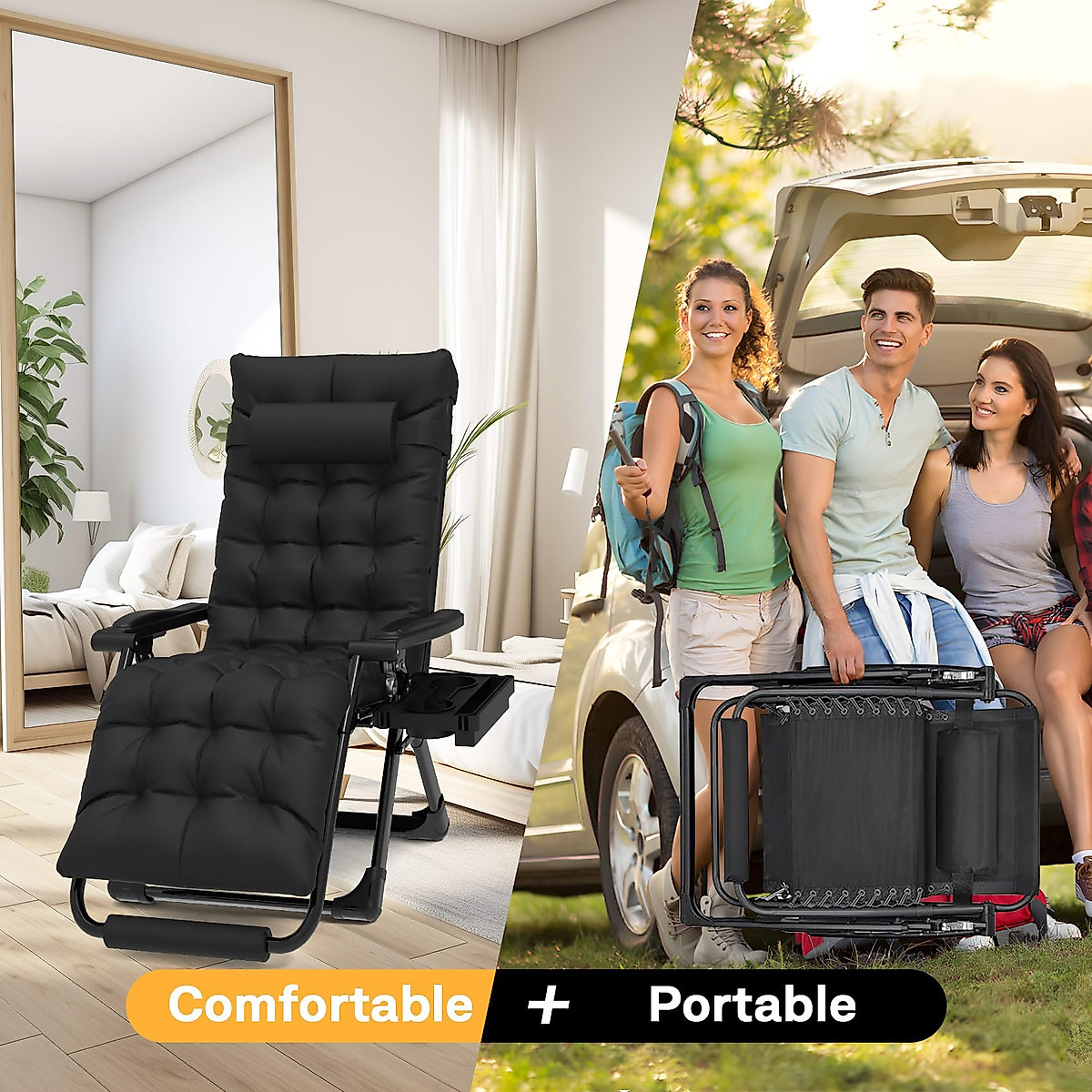 Slendor Zero Gravity Chair, Padded Zero Gravity Lounge Chair, Folding Reclining Camping Chair for Indoor Outdoor, Lawn Patio Recliner Chair with Aluminum Alloy Lock, Cup Holder, Pillow, Foot Rest