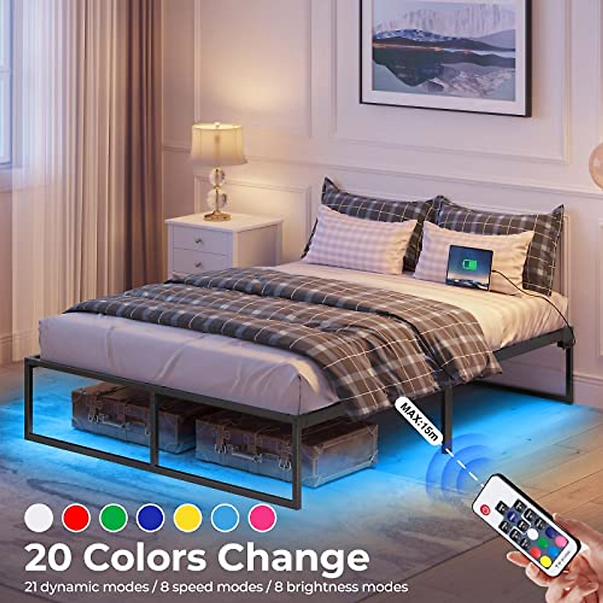 Rolanstar Bed Frame with USB Charging Station, Full Bed Frame with LED Lights, Platform Bed Frame with Heavy Duty Steel Slats, 14" Storage Space Beneath Bed