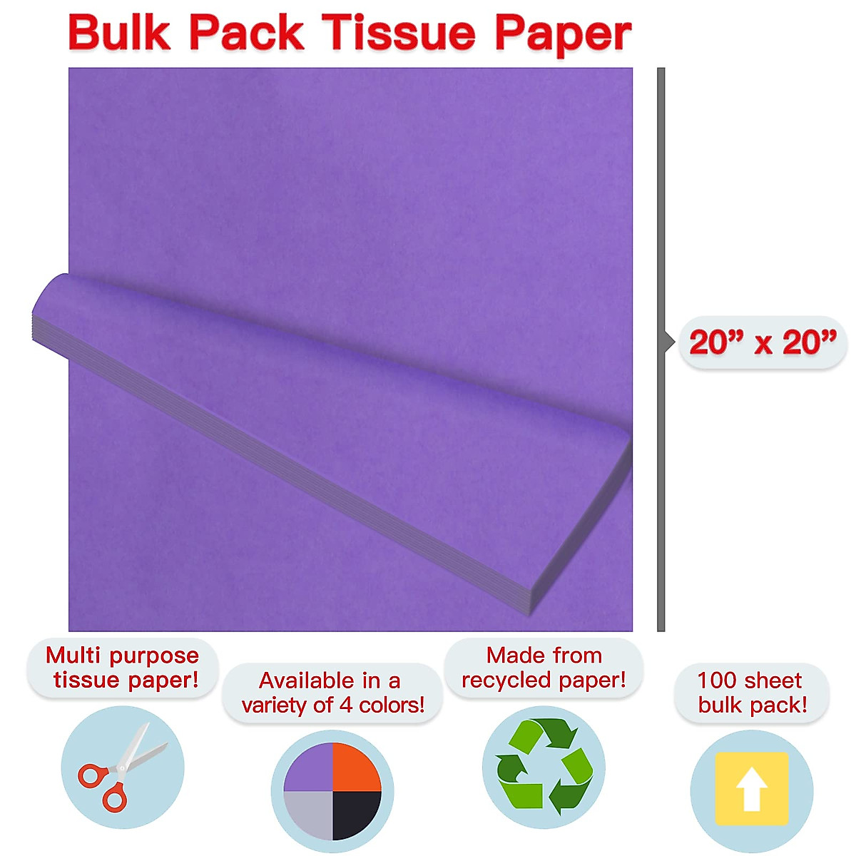 LeZakaa 100 Sheets Tissue Paper Bulk, Gift Wrapping Paper Decorative Art for Halloween Holiday Gift Wrap, Flower, Pom Pom Packing and Decorations (20x20 inch) - Silver, Purple, Black, Orange