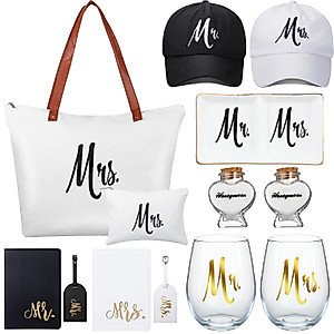 Bonuci 13 Pcs Wedding Mr and Mrs Gifts Set Include Bride and Groom Hats, Stemless Wine Glasses, Passport Holder Luggage Tags, Mrs Canvas Tote Bag with Makeup Bag, Ring Dish Heart Shape Glass Jar Gifts