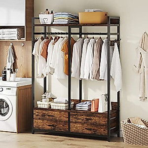 Tribesigns Freestanding Closet Organizer for Hanging Clothes, Heavy Duty Garment Rack with 4 Drawers, 8 Hooks and Storage Shelves, Wardrobe Closet Clothing Rack for Bedroom, Living Room, Rustic Brown