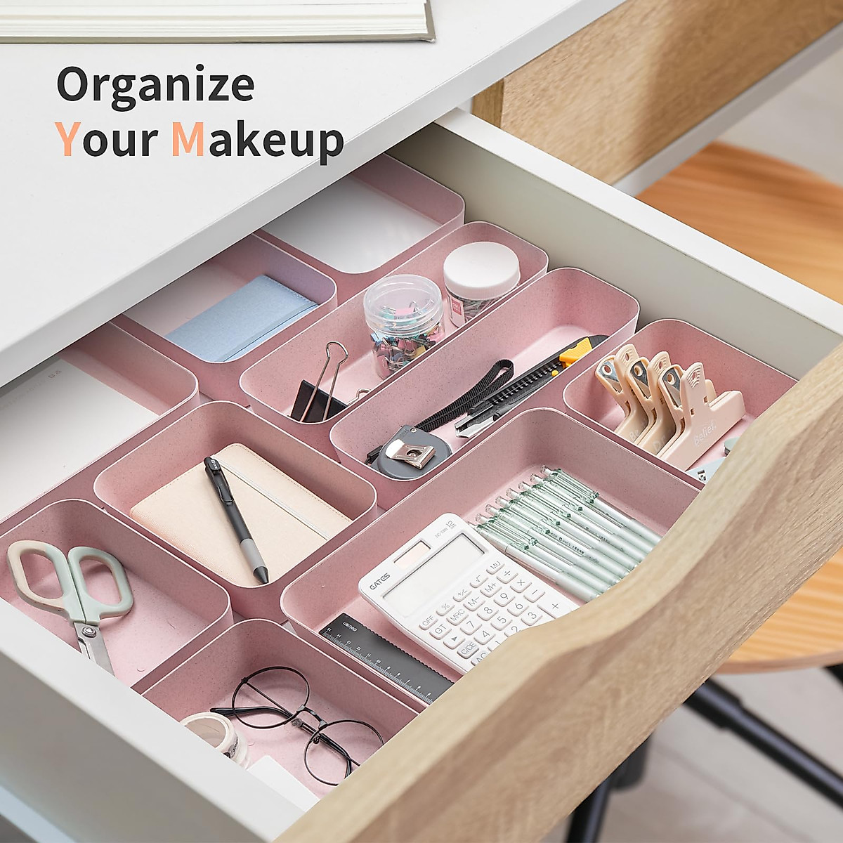 Joyask 14 PCS Desk Drawer Organizer Large Bathroom Drawer Organizers Pink Wheat Straw Vanity Organizers Trays for Drawers 3-Size Makeup Drawer Organizer Fits Makeup Bedroom Kitchen and Office