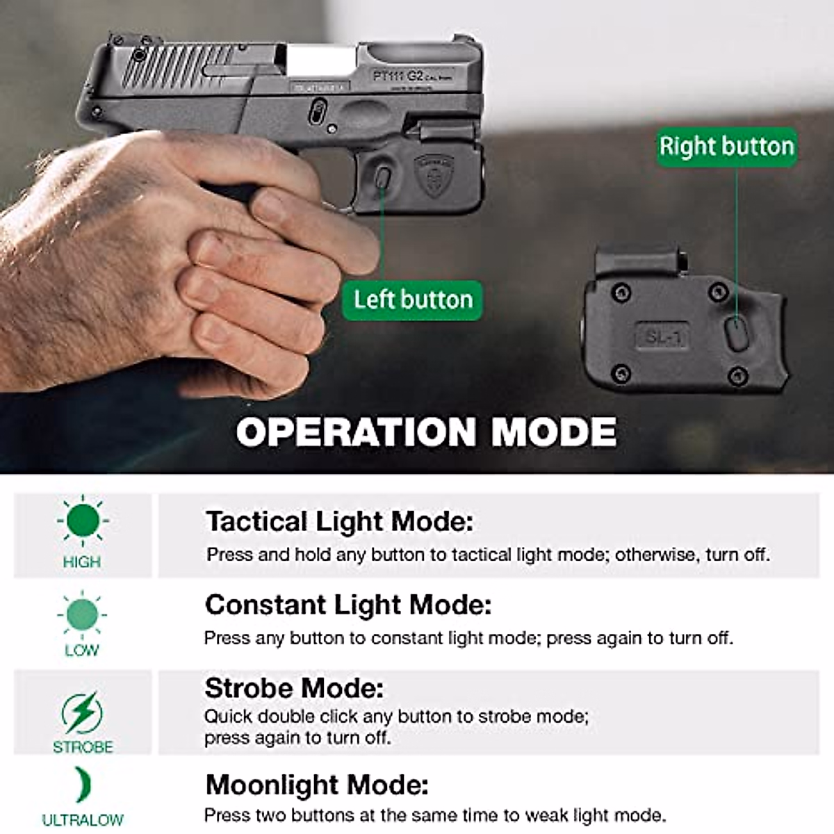 WARRIORLAND Mini Gun Light with Kydex Holster Tailored Made: Taurus G2C / Taurus G3C Pistol, 150 Lumens G2C Handgun Light, LED Tactical Flashlight SL-1 w/ G2C Holster