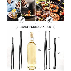 2 Pcs 12-inch Cooking Tweezers Tongs Precision Serrated Tips, Stainless Steel Professional Chef Tweezer Kitchen Tools for BBQ, Plating and Serving (Black)