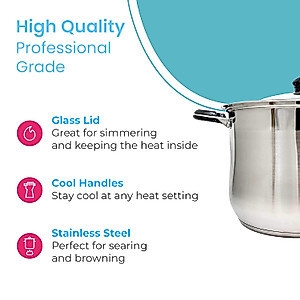 Professional Stainless Steel Stock Pot for Soup, Stock & Pasta with Glass Lid Encapsulated Base Gas Induction Capable - 12 qt size