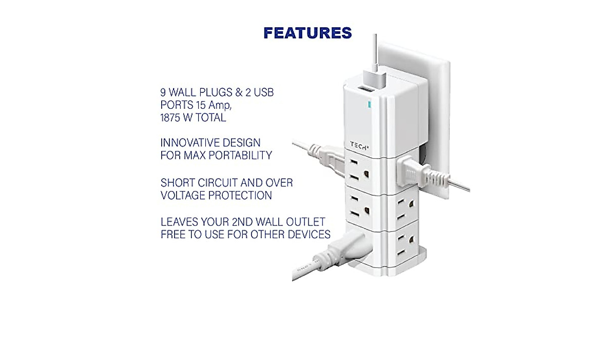 Tech2 Three Sided Surge Protector Power Strip with 9 Outlets & 2 USB ...