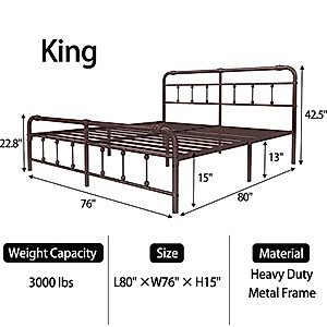 Ponsalion King-Bed-Frame with-Headboard and-Footboard Set - Platform Bed Frame King Size,16 Inches High,no Box Spring Needed,Easy to Assemble(Brown)