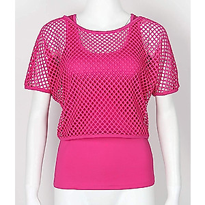 Smile Fish Women Casual Sexy 80s Costumes Fishnet Neon Off Shoulder T-Shirt (Hot Pink US 6-8/Tag Size M)