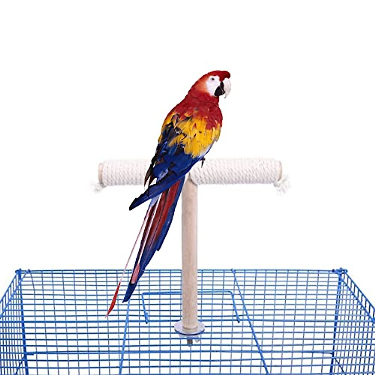 Dft Bird Toys, Natural Wood Bird Perch Stand T-Shaped Bar with Cotton Rope Cage Grinding Toy for Cockatiels Conures Budgies Love Birds