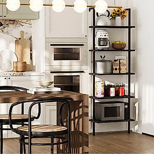 aboxoo Ladder Shelf Open 5-Tier Bookshelf Wall-Mounted Black Wood Bookcase Storage Rack Open Industrial Modern Plant Stand Utility Organizer Bookcase Metal Frame Furniture Office Bedroom