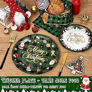 Homlouue 200 PCS Christmas Paper Plates and Napkins, Merry Christmas Disposable Dinnerware Set, Green and Black Plaid Paper Plates Christmas Party Supplies, Cute Cartoon Santa Snowman Plates Serves 50