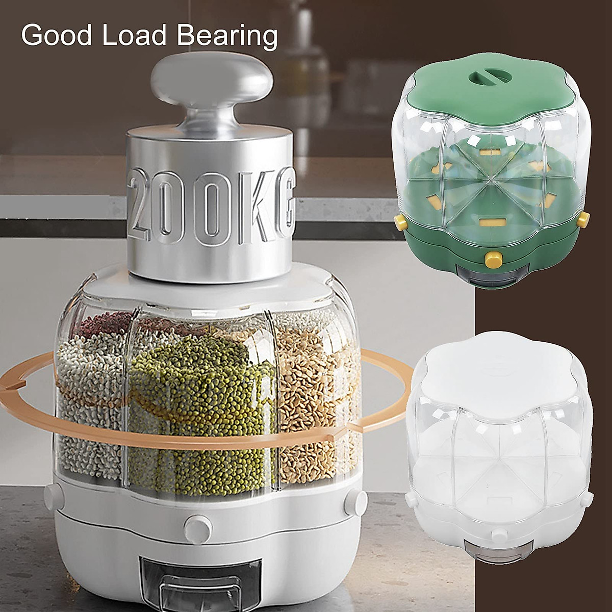 Rice Dispenser Box, 6 Compartments Rotating Grain Container Large Capacity Grain Storage Box Home Kitchen Separate Rice Bucket Dry Food Dispenser for Rice, Millet, Barley, Beans (White 9kg / 19.84lb)