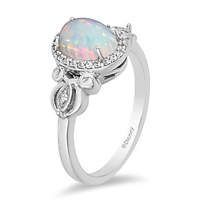 Jewelili Enchanted Disney Fine Jewelry Sterling Silver 8X6 MM Created Opal and 1/10 Cttw Natural White Round Diamond Cinderella Ring, Size 7