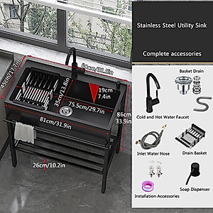 Utility Sinks Laundry Room Sink, Free standing 304 Stainless Steel Sink, Kitchen Sinks Cabinet for Washing Hands, with Faucet, Bracket and Drain Kit, for Garage Outdoor Indoor Kitchenette Basement ( S