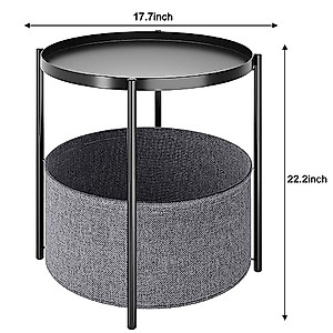 Fixwal End Tables with Fabric Storage Basket, SideTables Bedroom, Metal Small Bedside Table Nightstand with Removable Tray for Living Room, Nursery, Laundry, Black Nightstand