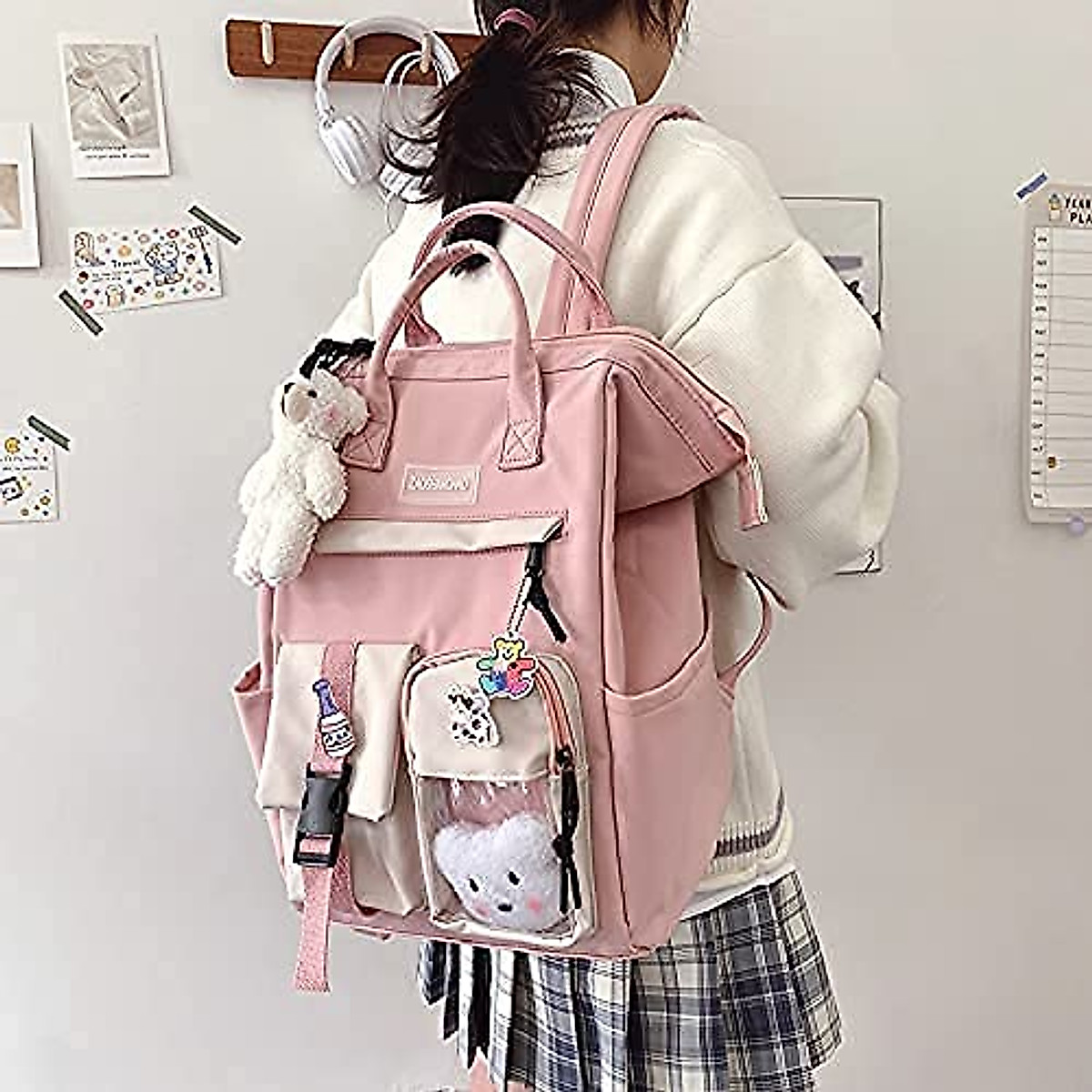 Kawaii Backpack with Kawaii Pin and Accessories Backpack Cute Aesthetic Backpack Cute Kawaii Backpack for School (Pink)