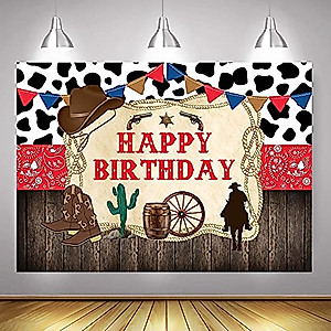 Mocsicka Western Cowboy Happy Birthday Backdrop Rustic Old West Rodeo Cowboy Background Red Bandana and Rustic Wood Kids Birthday Party Decoration Banner (7x5ft (82x60 inch))