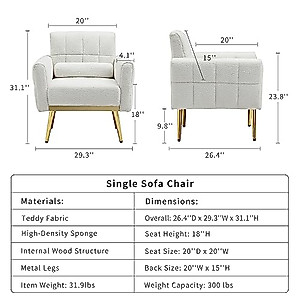 ODUSE-DAILY White Modern Accent Chairs for Living Room, Beige Teddy Fabric Arm Chair, Ivory Cream Single Sofa Chair Couch, Gold Metal Legs, for Living Room Bedroom Office Leisure (1Pcs, White)