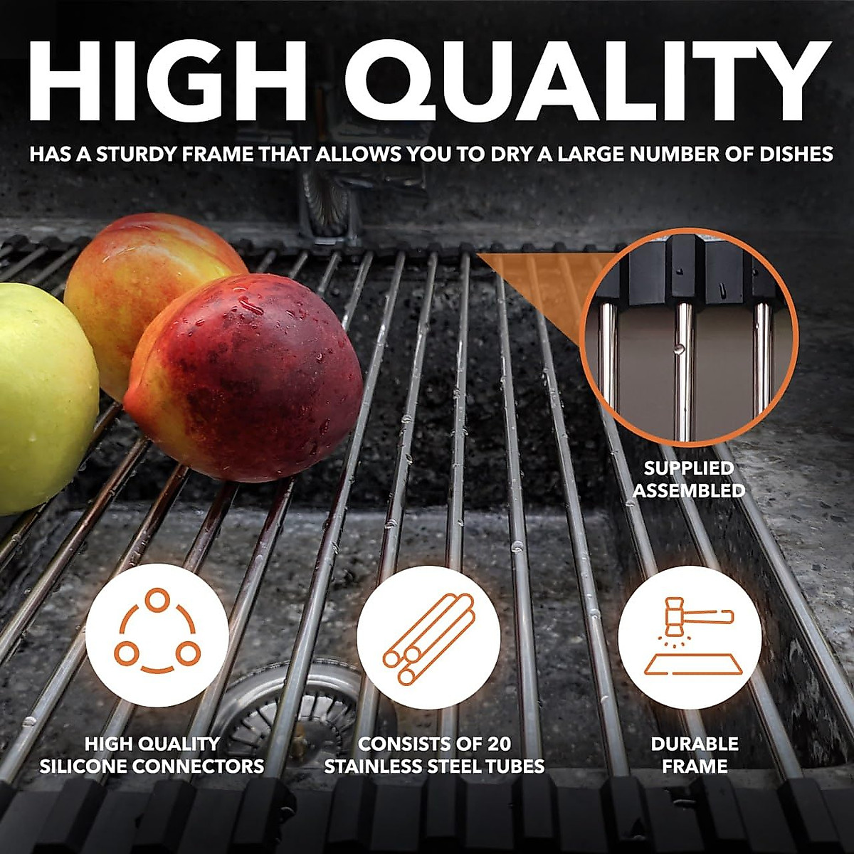 Roll Up Dish Drying Rack 21" x 16" - Over The Sink for Kitchen Counter, Foldable SUS304 Stainless Steel Dish Drying Rack for Cups, Utensils, Fruits, Vegetables