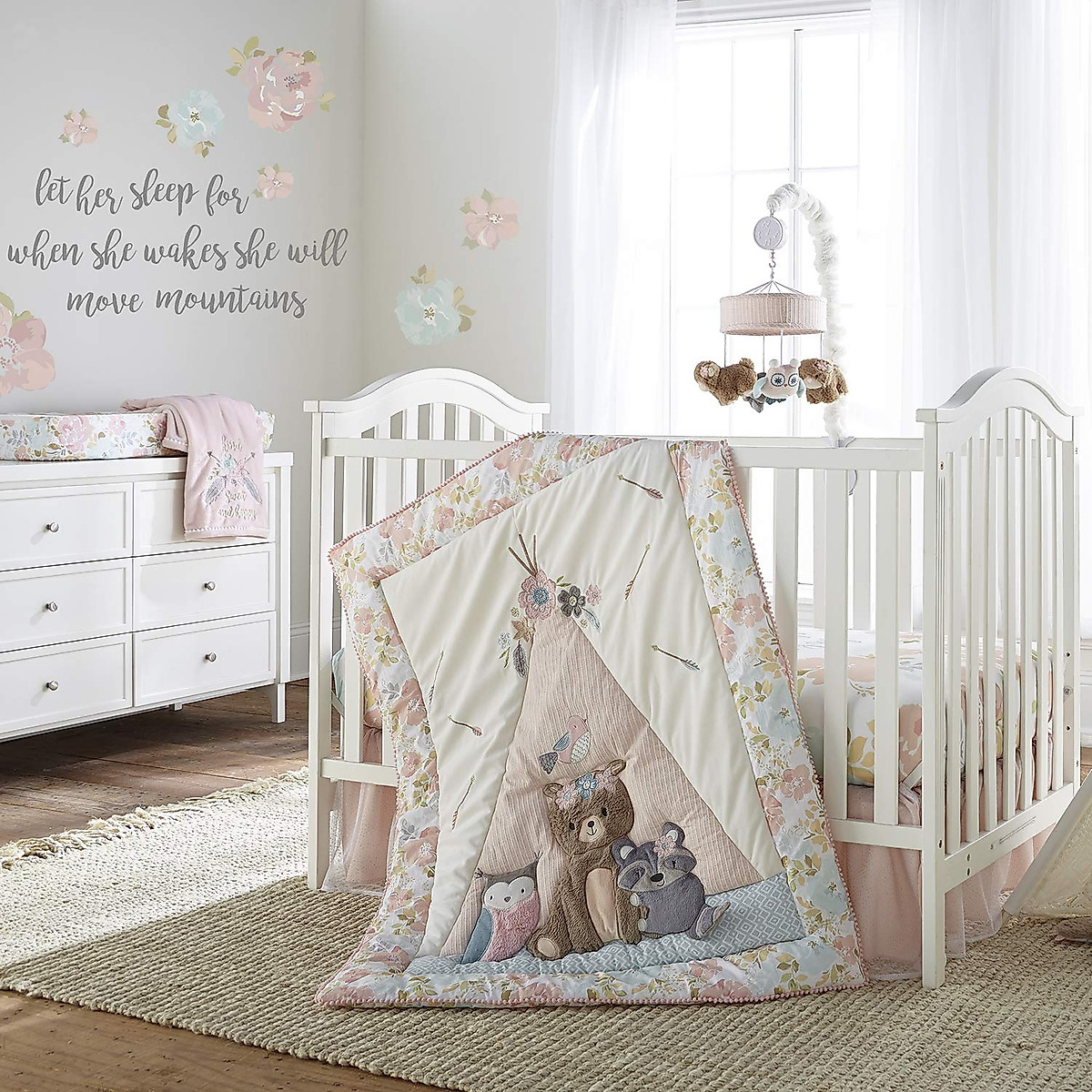 Levtex Baby - Let Her Sleep Floral Peel and Stick Large Decals - Silver, Pink, Aqua - Let Her Sleep for When She Wakes She Will Move Mountains, Multi (LB350WD)