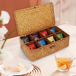 ELLDOO Tea Bags Box with Lid, Wicker Rattan Sugar Packet Holder Coffee Station Condiment Organizer Countertop Storage Desk Baskets for Pantry Coffee Bar Shelves, 8 Grids