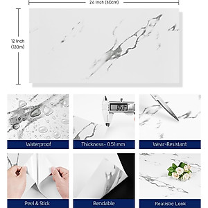 FunStick 12"x24" 15 Pcs White Peel and Stick Floor Tile Marble Vinyl Flooring for Bathroom Floor Tiles Peel and Stick Wall Tiles Waterproof Grey Stick on Flooring Sticky Tiles for Kitchen RV Flooring