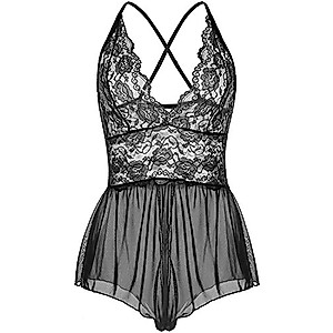 Women Lingerie Sheer Lace Mini Babydoll Teddy Sexy Bodysuit Backless Sleepwear (XXXL, Black)