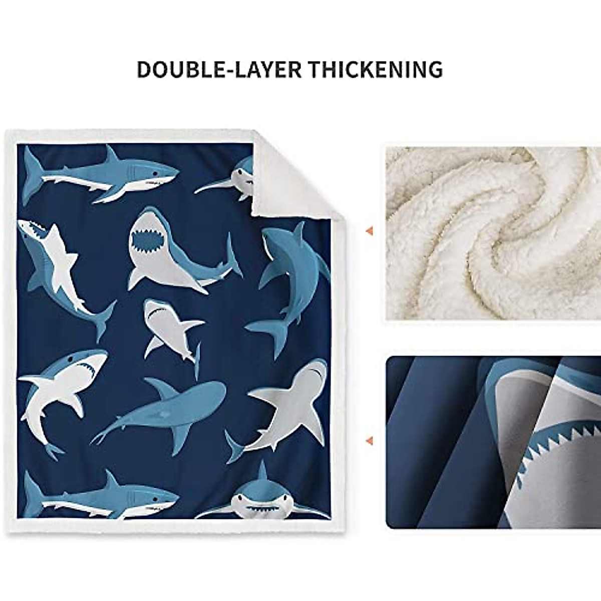 Jekeno Cartoon Shark Sherpa Blanket Blue Soft Warm Print Throw Blanket for Kids Adult Office Gift 50"x60"