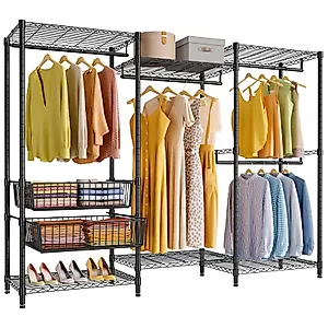 VIPEK V10 Wire Garment Rack Heavy Duty Clothes Rack, Freestanding Closet Wardrobe Metal Clothing Rack with 2 Slid Baskets, 68.9" L x 15.7" W x 76.4" H, Max Load 790lbs, Black