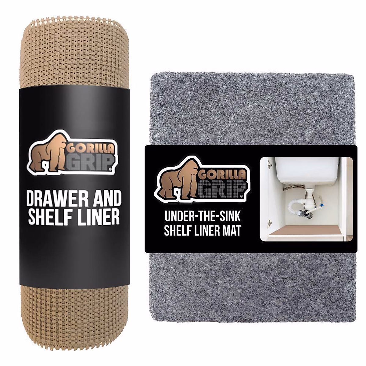 Gorilla Grip Drawer Liner and Under Sink Mat, Drawer Liner Size 12x20 in Beige, and Under Sink Mat Size 24x30 in Charcoal, 2 Item Bundle