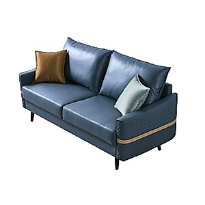 Prohon Tufted Love 73.22" Small Spaces, Mid-Century 2-3 Seats Loveseat with 2 Pillows, Leather Look High Comfort Fabric Sofa Couch for Living Room, Bedroom, Office, Apartment, Blue