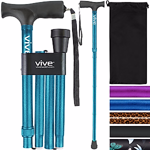 Vive Folding Cane - Foldable Walking Cane for Men, Women - Fold-up, Collapsible, Lightweight, Adjustable, Portable Hand Walking Stick - Balancing Mobility Aid - Sleek, Comfortable T Handles (Teal)