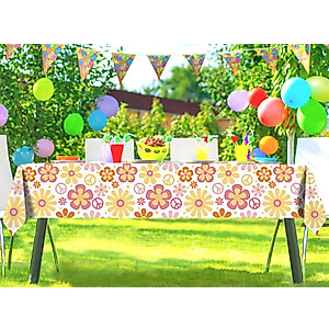 Buxiuer Groovy Tablecloth Retro Hippie Boho Daisy Birthday Party Decoration Disposable Plastic Table Cloth Waterproof Table Cover Dining Room Kitchen Decor 54 x108 Inch -Pack of 2