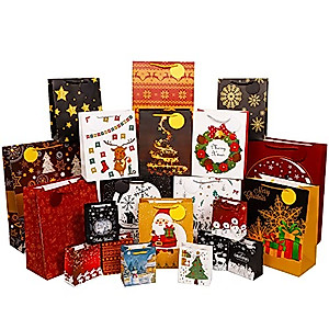 Lulu Home Christmas Assorted Gift Bags, 24 Count Xmas Wrapping Bags with Tags, 4 Jumbo, 6 Large, 6 Medium, 8 Small