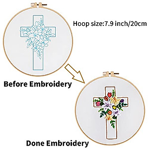 Louise Maelys Cross Lily Pattern Embroidery Starter Kit,Cross Stitch Kits for Adults with Embroidery Hoop Needles Threads Instruction -Easter Jesus