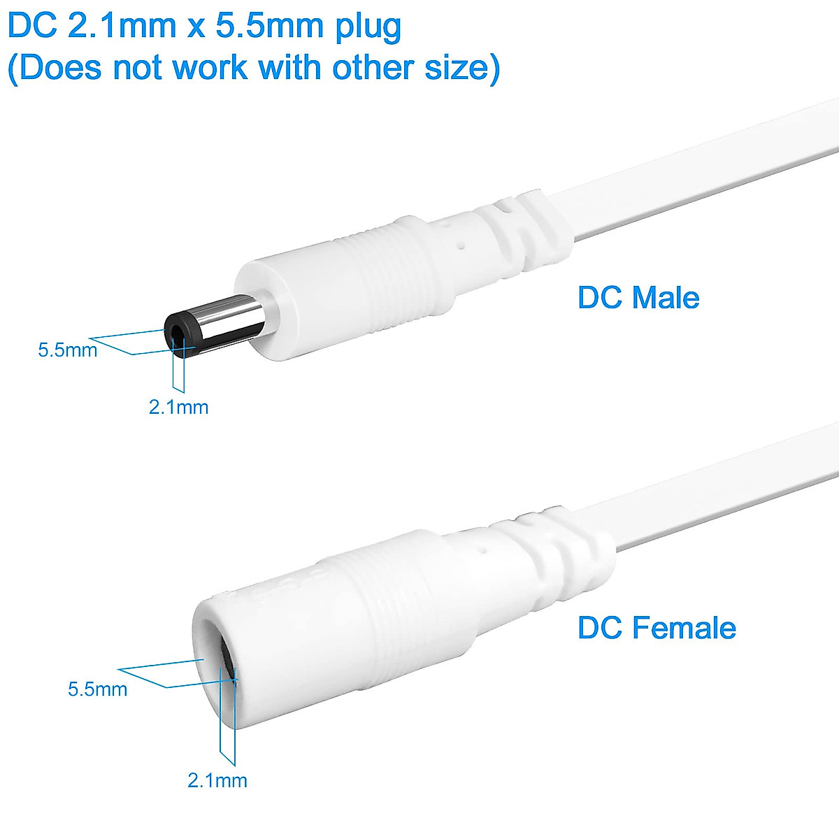 WILDHD DC Power Extension Cable 10ft 2.1mm×5.5mm,Universal 12v Power Extension Cable for CCTV Security Camera IP WiFi Camera Standalone DVR (10ft,Flat Body, White)