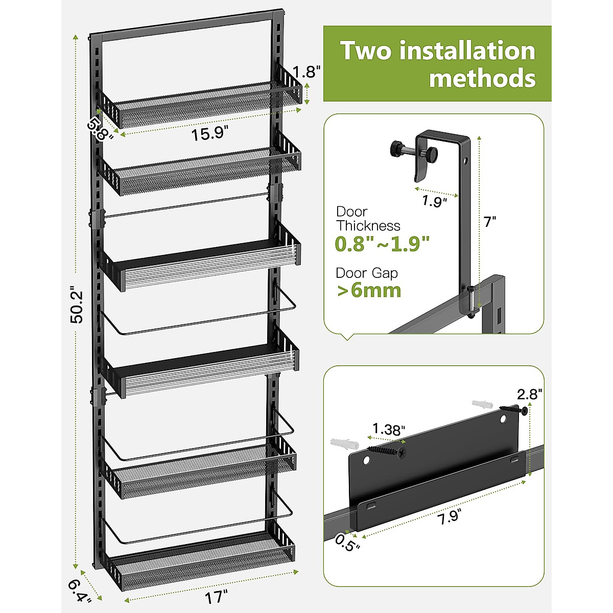 POKIPO 6-Tier Over the Door Pantry Organizer, 2 in 1 Large Door Spice Rack with Adjustable Metal Baskets, Heavy Duty Hanging or Wall Mounted Storage Organizer for Kitchen Pantry and Room Wall