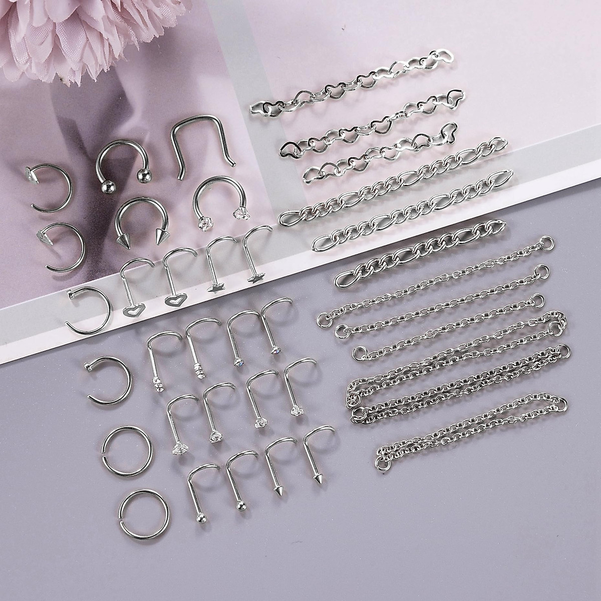 LOREMOW 38Pcs 316L Stainless Steel Nose Chain for Women Men Heart Nose Ring Chain Double Nose Chain Piercing Across Nose CZ Nose Piercing Stud Nostril Jewelry Silver S