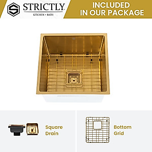 Strictly Sinks Undermount Bar Prep Sink – 18 Inch 16 Gauge Embossed Leather Texture Gold Wet Bar Prep Kitchen Sink with Bottom Grid and 1 Square Strainer Drain