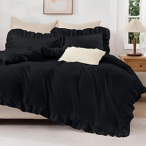 Andency Black Duvet Cover Queen Size, 3 Pieces Ruffle Duvet Cover Set, Soft Microfiber Queen Duvet Cover Bedding Set with Zipper Closure