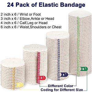 24 Pack Elastic Bandage Wrap (6x2”, 6x3", 6x4", 6x6") Compression Bandage Wrap with Hook and Loop Closure on Both Ends Self Adhesive Bandage Wrap for Sports, Medical, and Injury Recovery