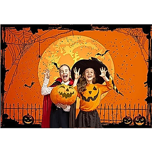 CHAIYA 7x5ft Happy Halloween Backdrop Jack O'Lantern Pumpkin Lantern Orange Night Moon Bat Spider Web Graveyard Fence Photography Background CY-126