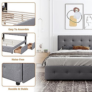 AMFSQJ Queen Size Upholstered Bed with 2 Drawer and 1 Twin Size Trundle Bed, Bedroom Platform Bed with Linen Fabric, Wooden Slat Frame, Wood Platform Bed for Teen, Adult (Light Gray)