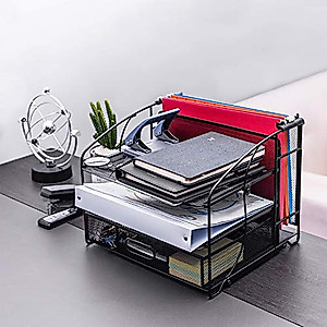 Amazon Basics Desk Organizer 3 Tray w/Sliding Drawer and Hanging File Holder, Black