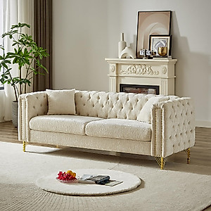 80"W Chenille Sofa Couch,Upholstered 3 Seater Loveseat Sofa,Button Tufted Comfy Couch with Nailhead Trim&Metal Legs,Mid Century Modern Sofa,Deep Seat Sofa for Living Room,Office,Apartment(Beige)